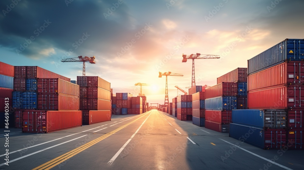 Container ship with quay crane transporting import-export container ...