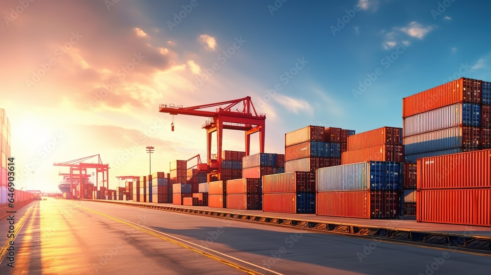 Shipping Container Terminal at Sunset: A vast shipping container ...