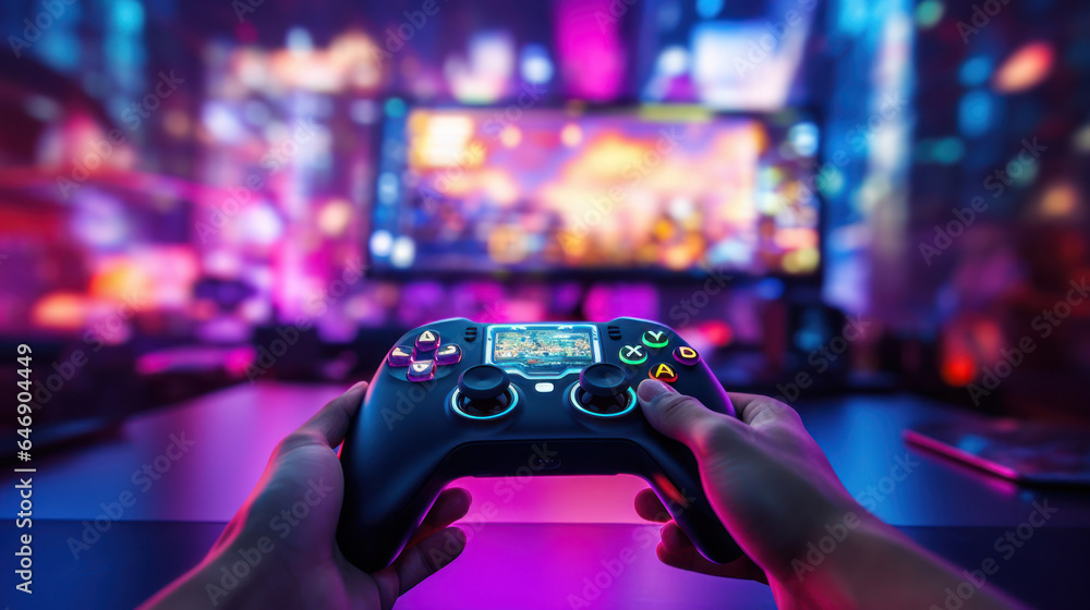 Gamer with controller Playing Online Video Game on computer in work ...