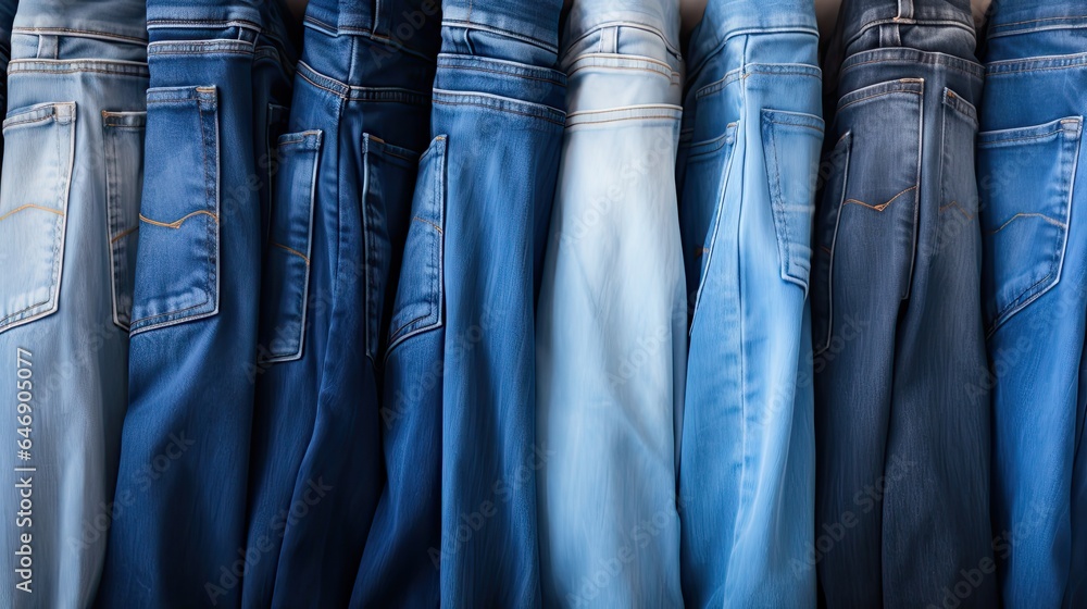 Flat lay of denim materials folded neatly in a row, highlighting the ...