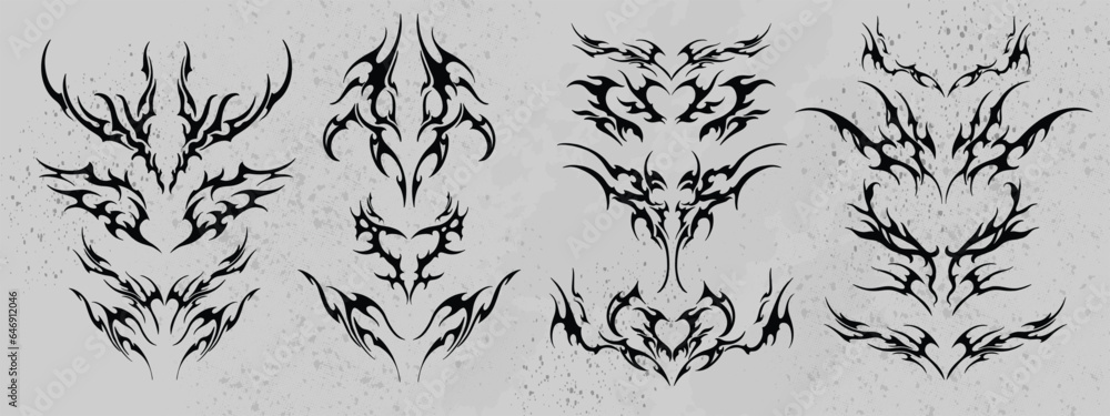 Neo tribal tattoo set, vector Celtic gothic cyber body ornament shapes ...