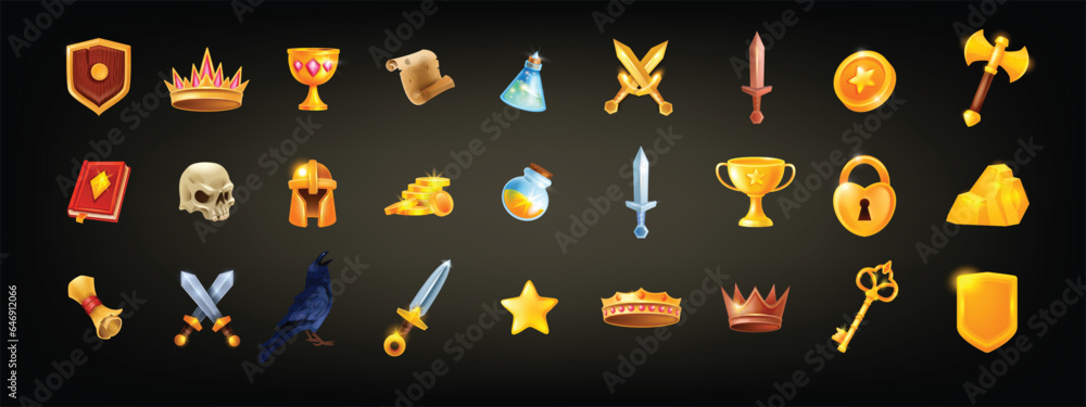 Game icon set, UI dungeon and dragon RPG badge kit, vector medieval ...