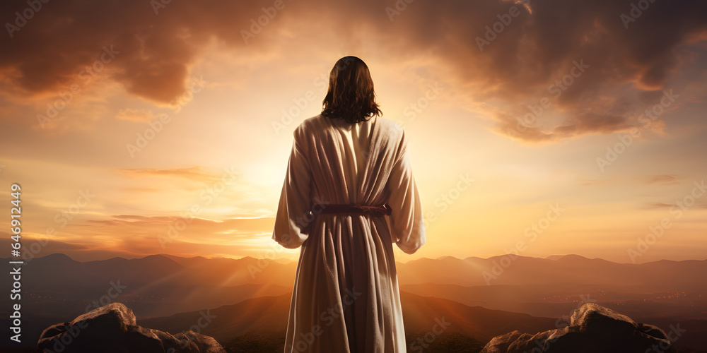 Back view of Jesus Christ looking and praying to god with a sunrise sky ...