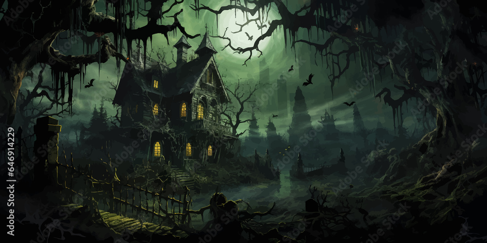 Wooden Haunted house with pumpkins. Full moon. Spooky Old house in ...