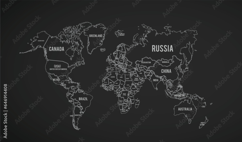 World map with country borders with names, thin black outline on white ...