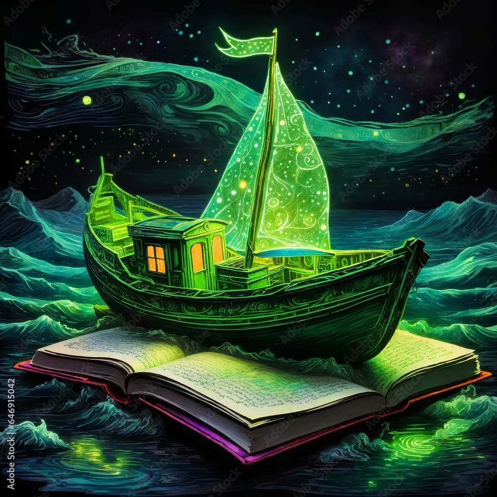 beautiful green boat comes out of a book with attractive light and ...