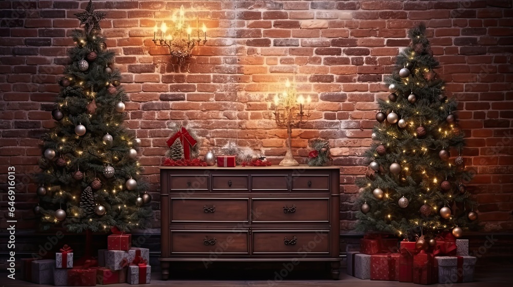 Christmas, New Year's interior inside a red brick wall house. Fir tree ...