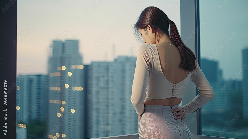 Asia beautiful woman holding her lower back while and suffer from ...