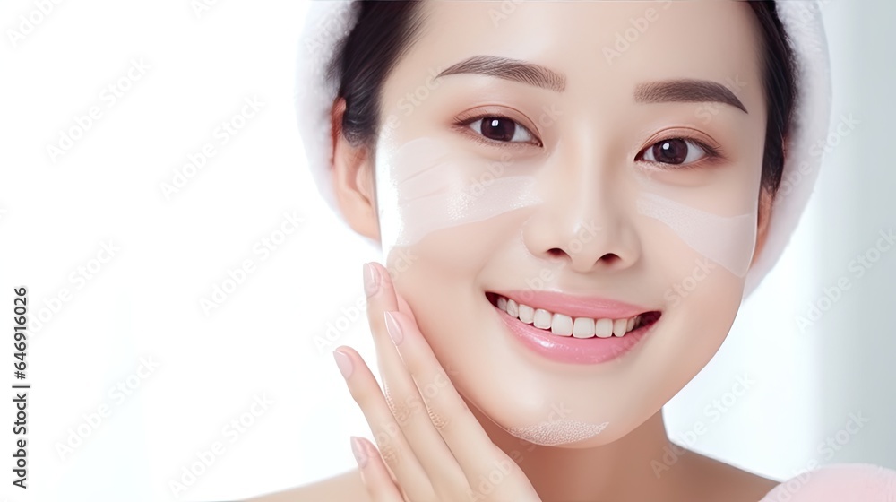 Beautiful woman smile use cream for good skin. face of a healthy woman ...
