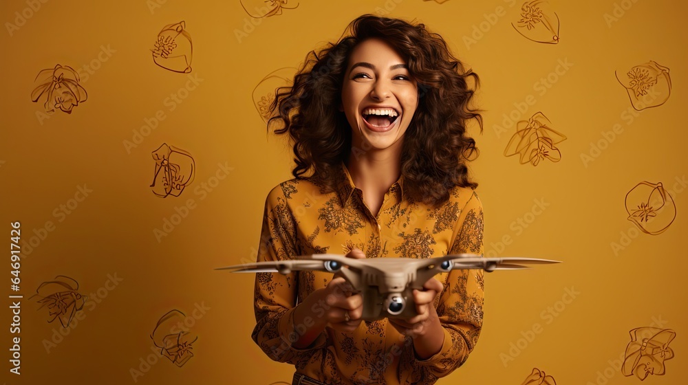 Nerdy model with a stack of comic books, grinning from ear to ear, set against a white ...