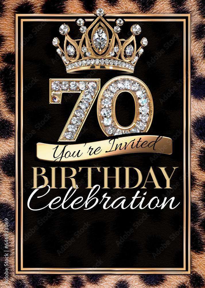 70th Gold Black Cheetah Print Birthday Party Invitation Template Design ...