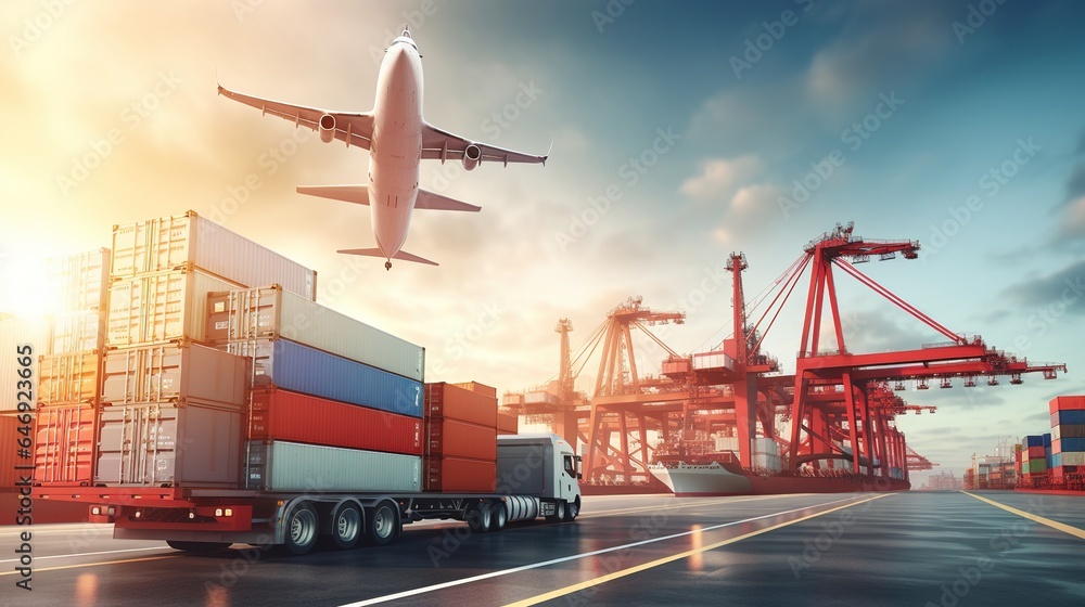 Logistics distribution of containers for cargo freight ship, rail ...