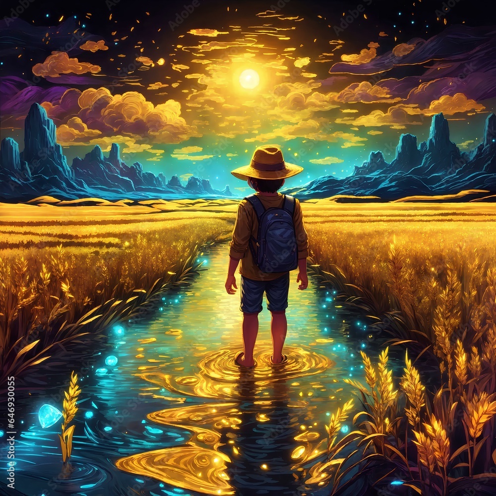 little boy is a farmer stands in the golden wheatfield field with ...