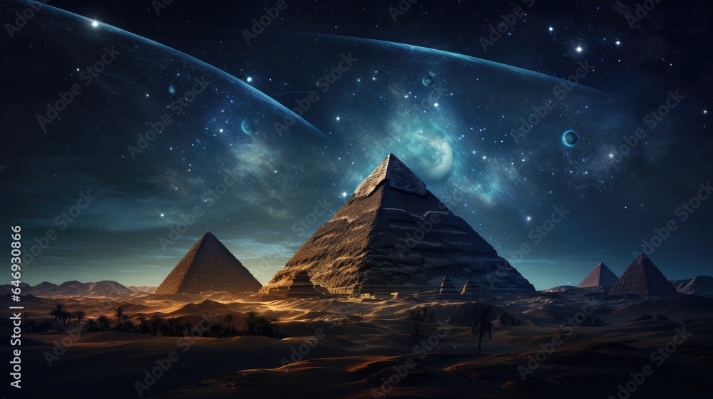 Pyramids of Giza illuminated by the moonlight and city lights in the ...