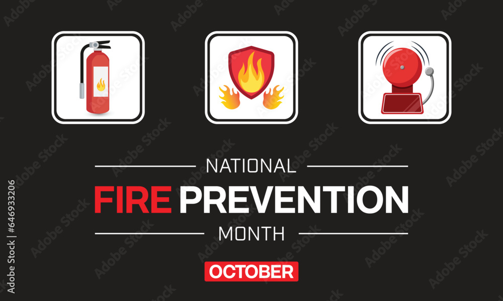 National Fire Prevention Month design with fire extinguisher and fire ...