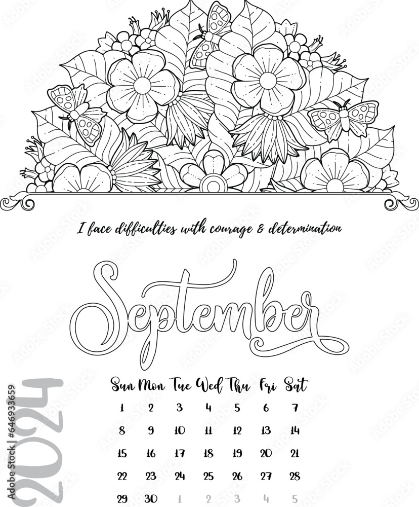 Mandala Affirmation Calendar Coloring Page for September Year 2024 ...