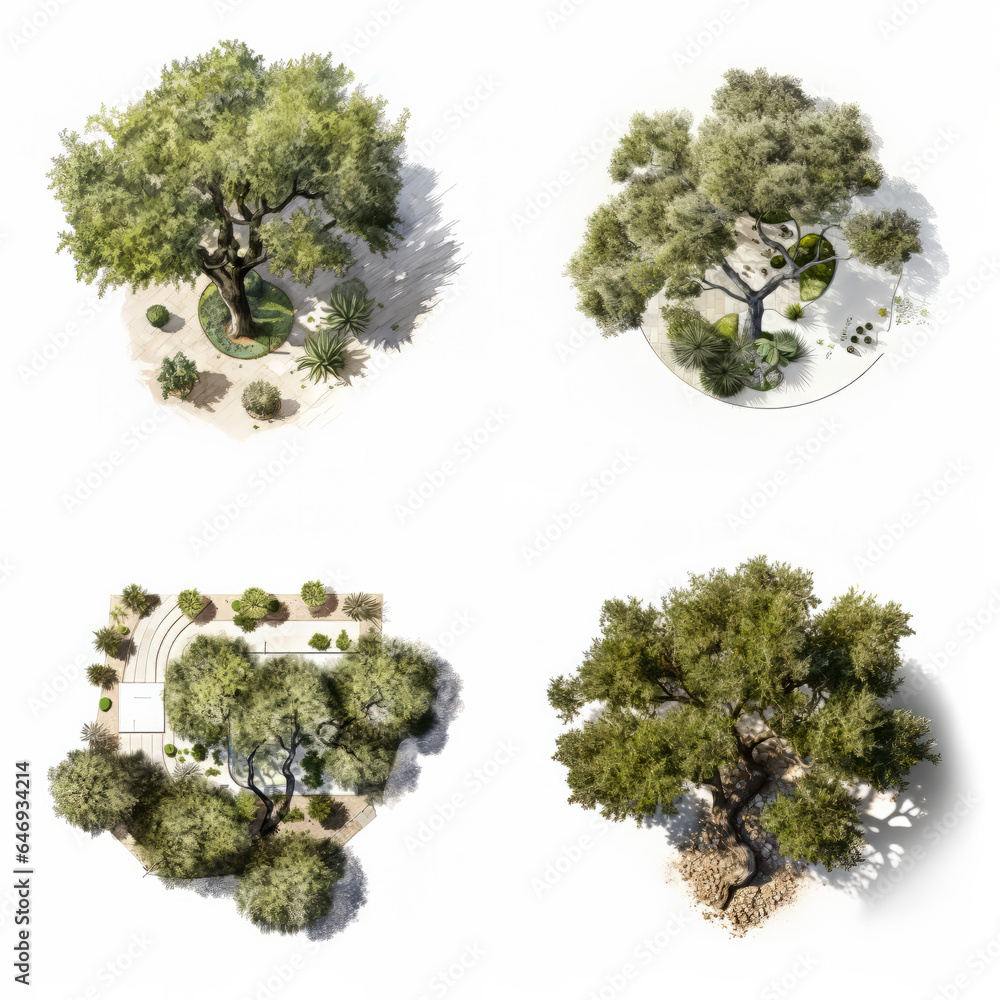 Top view of olive tree on plain white background, landscape ...