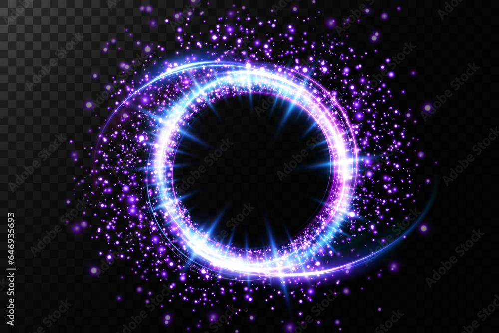 Magic fantasy portal. Round light frame, with small particles of dust ...