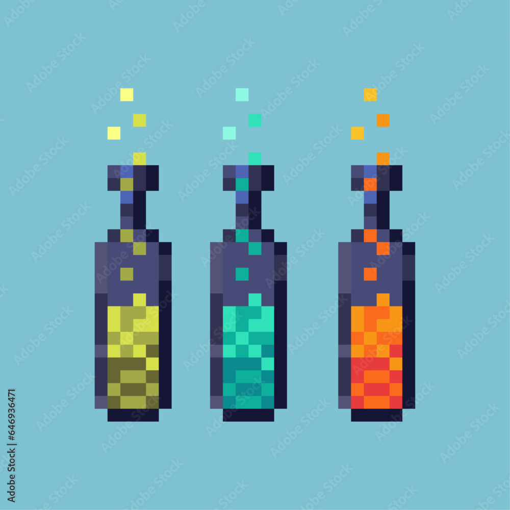 Pixel art sets of bottle of liquid bubble with variation color items ...