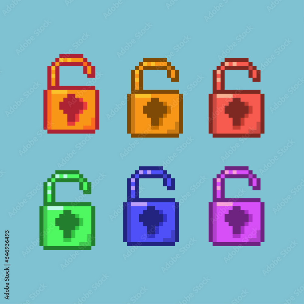 Pixel art sets of padlock with variation color items asset. simple padlock for doors security on ...