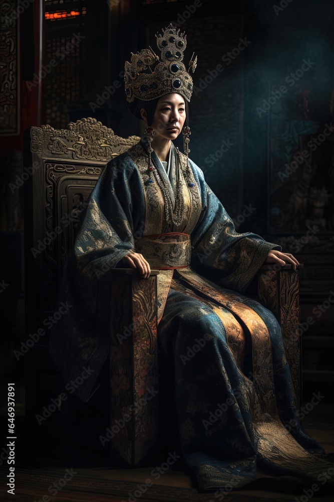 Beautiful Chinese empress wife of the emperor sitting on a throne. 3d ...