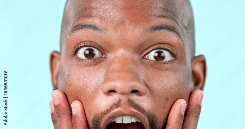 Face, wow and a black man with big eyes on a blue background for news ...