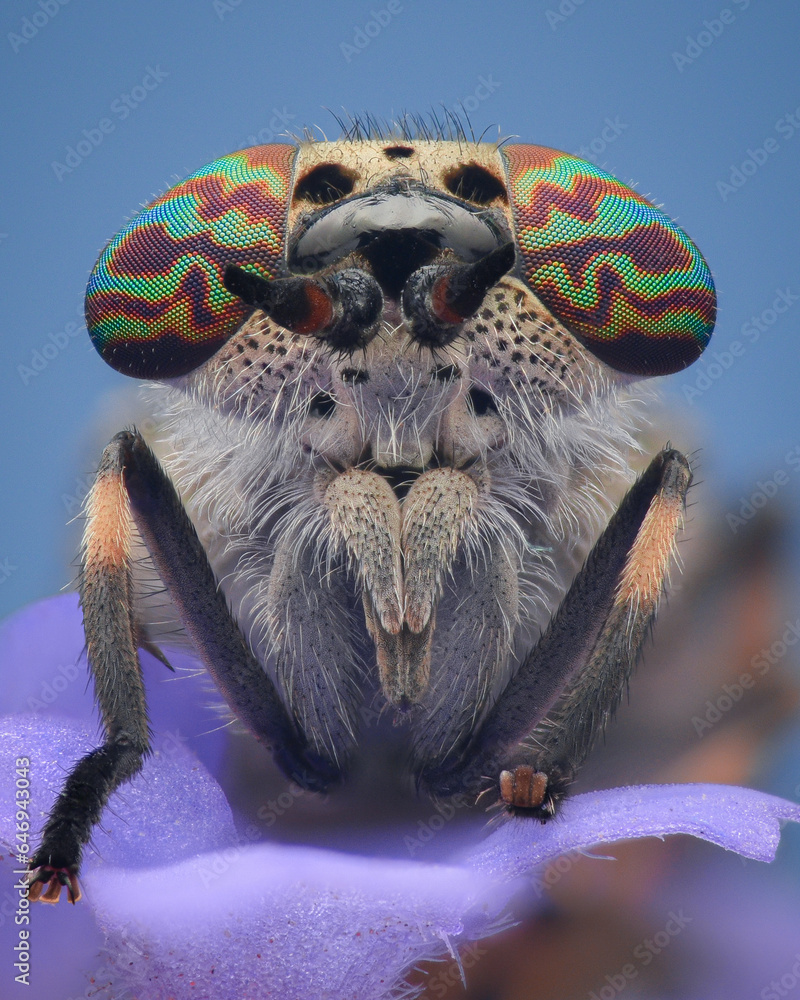 Portrait of a Horse-fly with psychedelic rainbow colored eyes, on a purple flower, blue ...