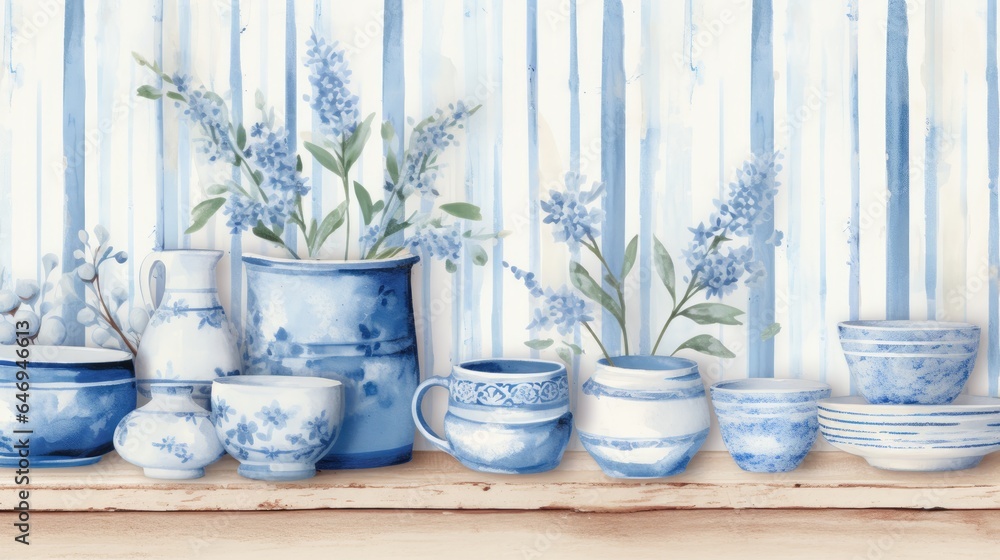 Rustic print with French farmhouse stripe pattern and Provence blue and ...