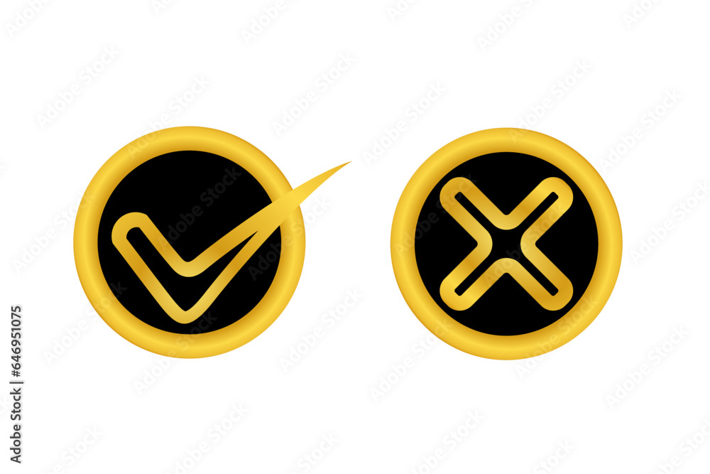 set of check mark and cross mark icons with gold color. round icons ...