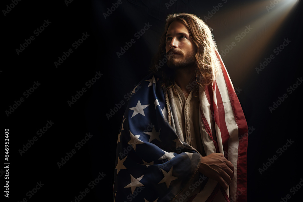 Jesus Christ stepping into the light draped in a United States of ...