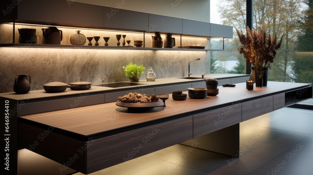 Modern minimalist kitchen , close up shot, beige cabinets floor to ...