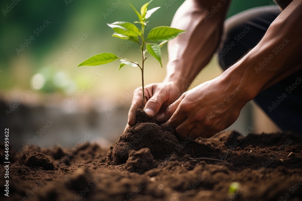 Man hand planting tree in the garden, Plantation background, a man ...