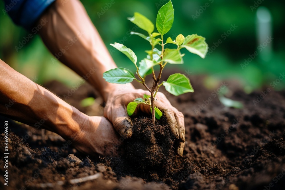 Man hand planting tree in the garden, Plantation background, a man ...