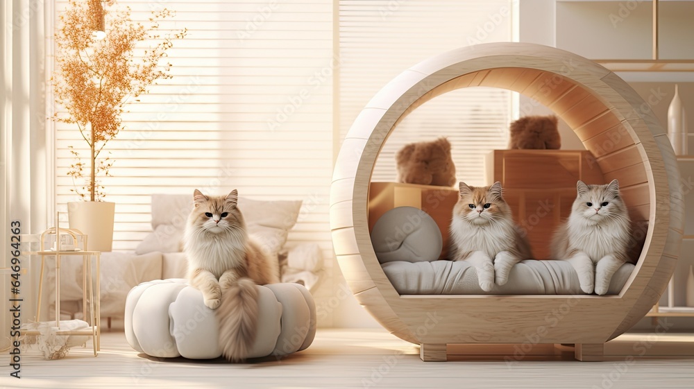 two content cats inside a stylish wooden cat house set in a ...