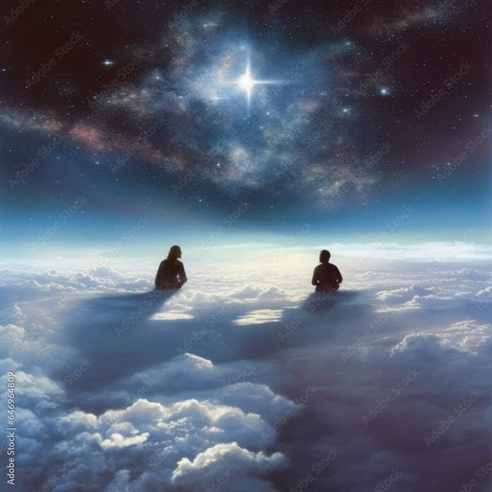 pareja de personas que han trascendido y que se encuentran en el cielo entre las nubes ...