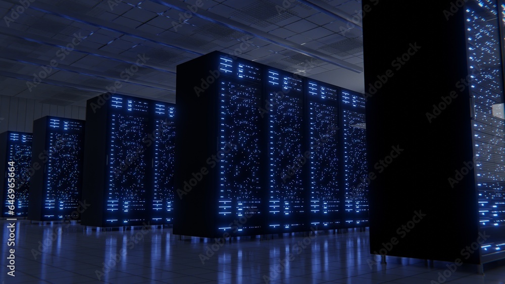 Data processing and storage center. Server room. Supercomputer ...