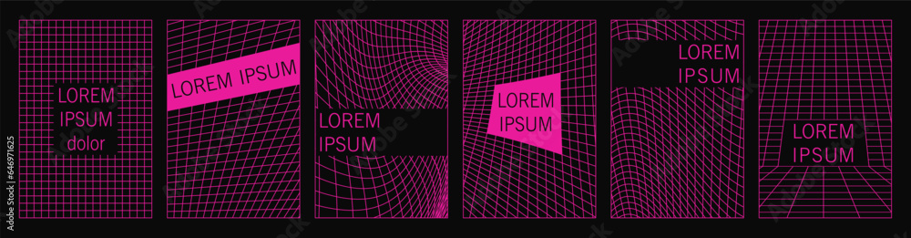 Distorted vertical grid posters set. Trendy pink neon vertical banners ...