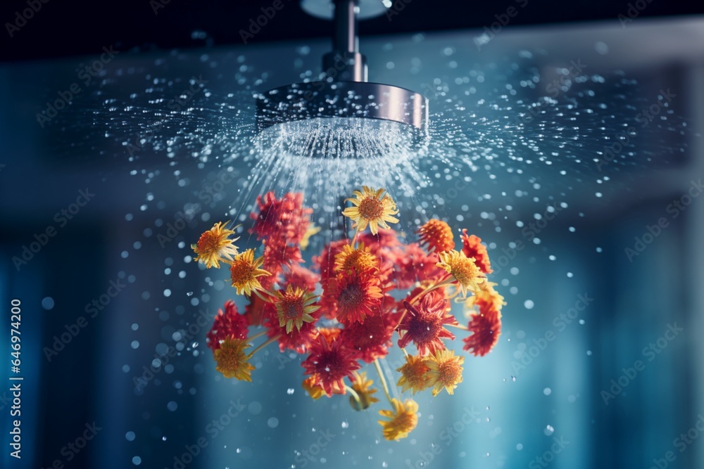 colorful flowers bursting out of a shower head. Spa treatment ...