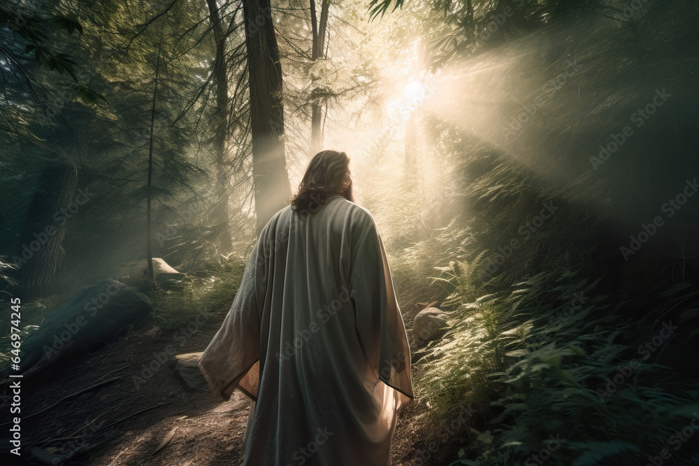 Jesus Christ walks through a deep forest with tall trees towards the ...