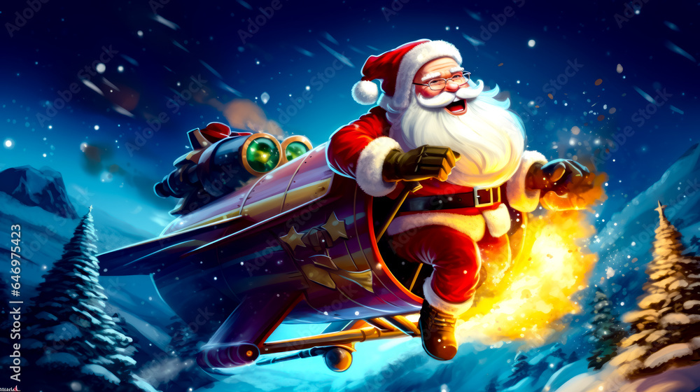 Santa claus flying through the air with rocket in front of him. Stock ...