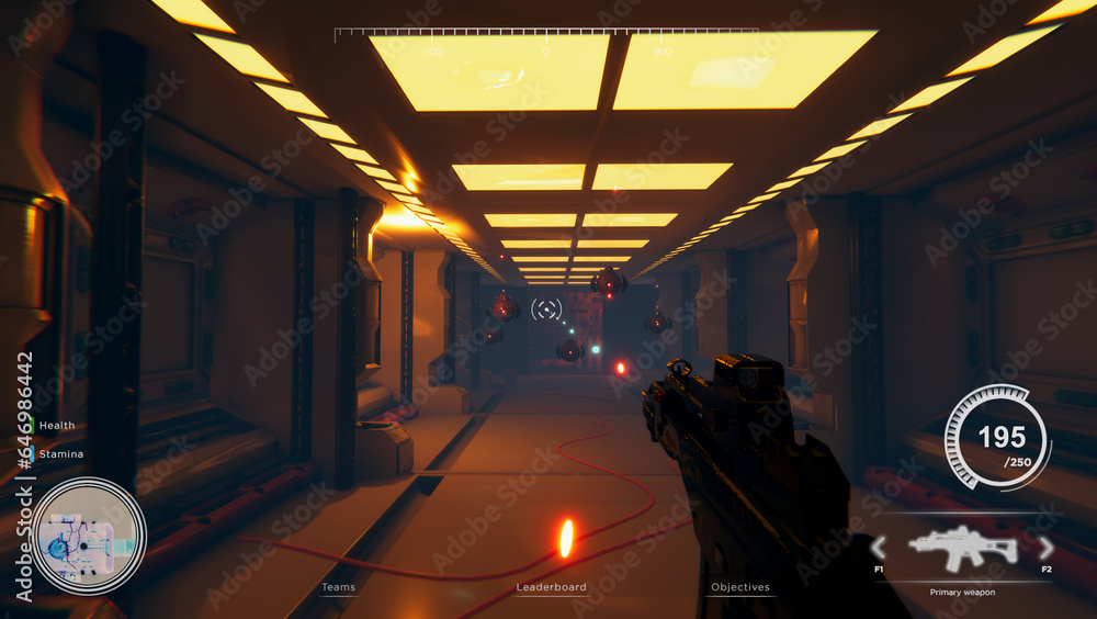 First person shooter videogame with gun shooting laser bullets at ...