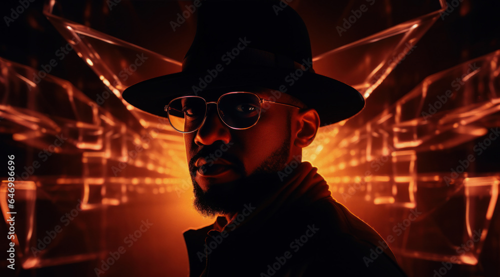 Fashion Concept. Closeup portrait of stunning side profile man in neon ...