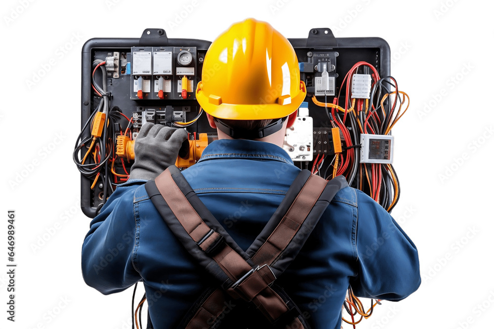 Electrician Working on Electrical Wiring Seen from Below on Transparent ...