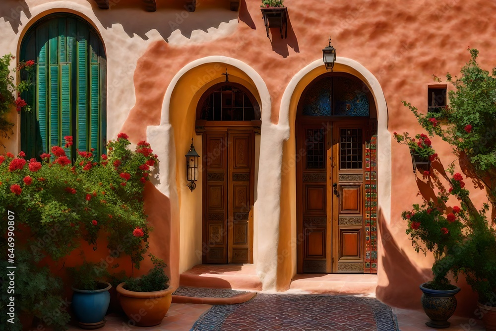 Spanish-style adobe house with arched doorways and colorful tiles - AI ...