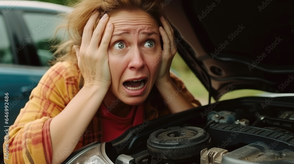 Funny desperate and exhausted woman has some problems with her car ...