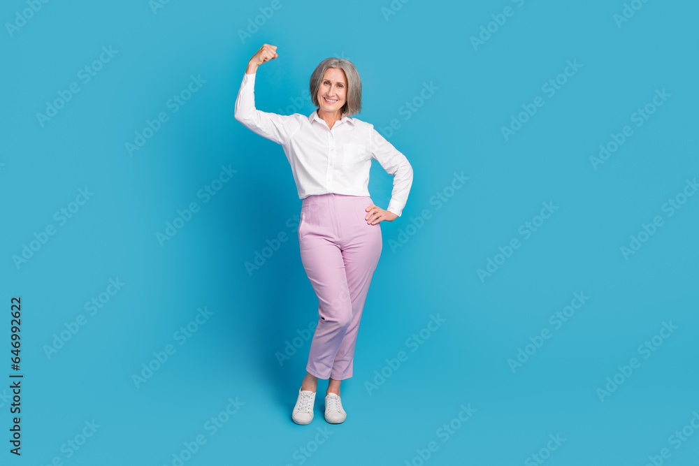 Full Length Photo Of Pretty Strong Lady Wear White Shirt Showing