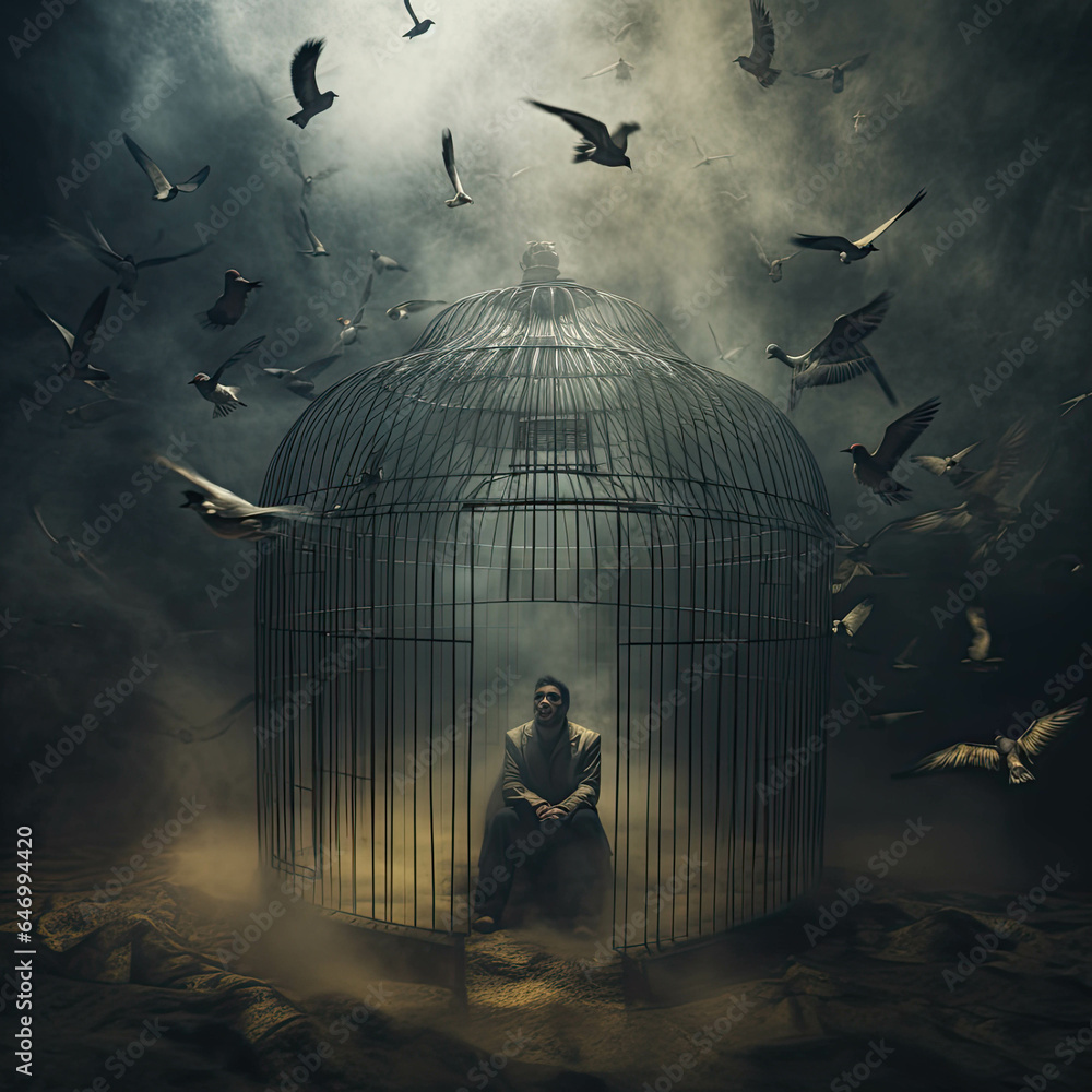 Man trapped inside a cage surrounded by birds Stock Illustration ...