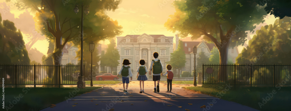 group of siblings or friends walking to school with backpack on the way ...