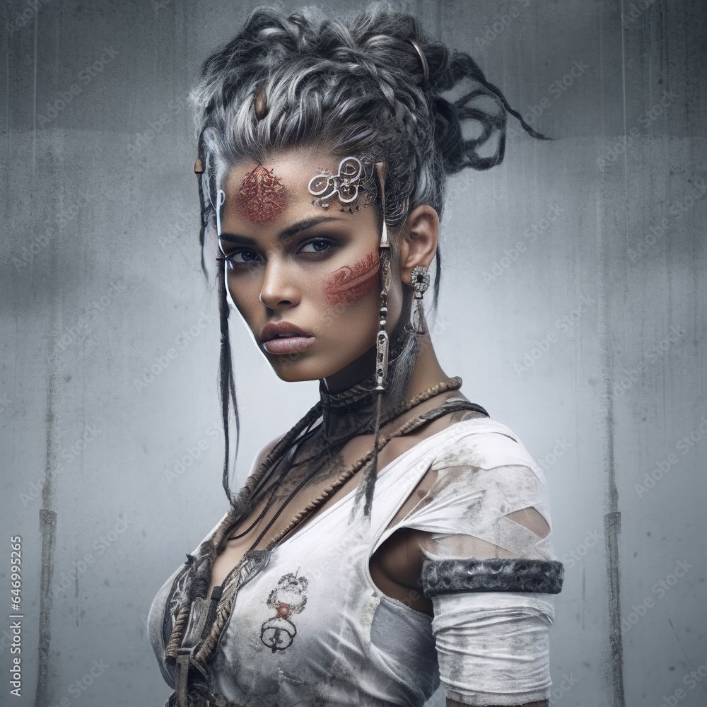 phot of a beautiful postapocalyptic woman with grey hair and facial ...