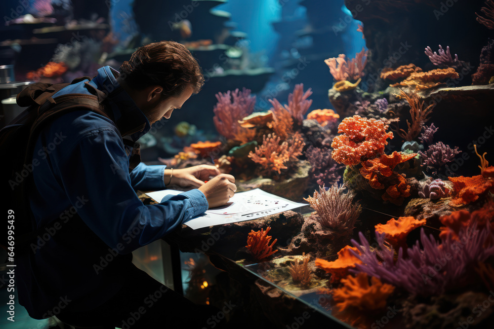 Ocean Conservation. Marine biologist studying coral reefs, emphasizing ...